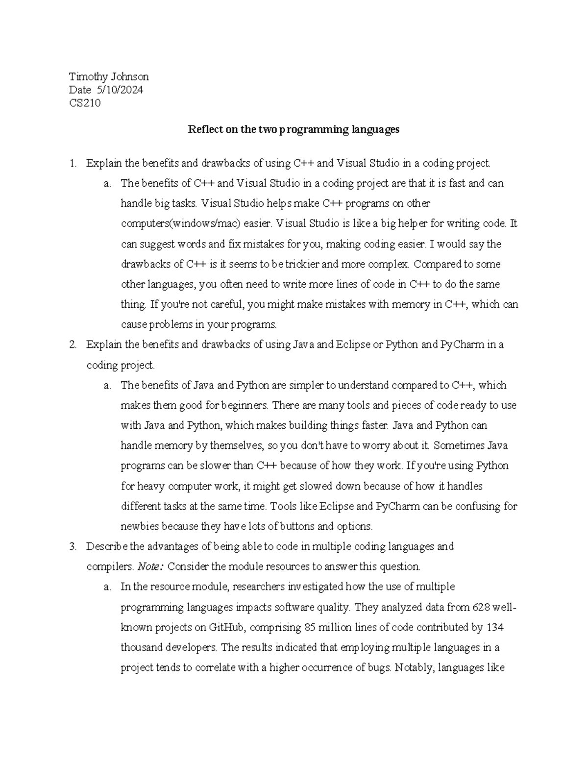 CS Reflection on C++ & Java vs Python Programming Languages - Studocu