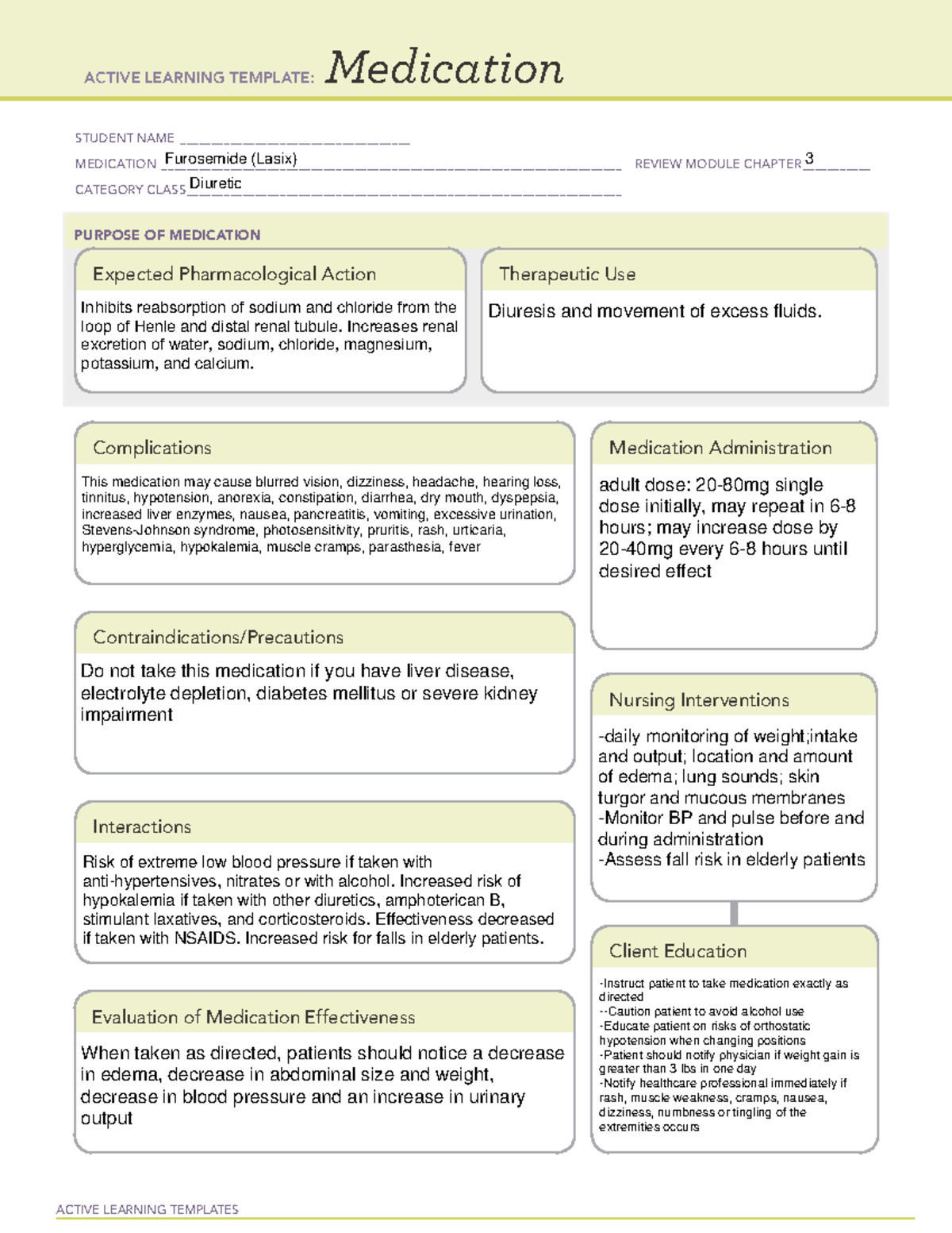 Furosemide (Lasix) - Active Learning Template for Med Sheet - Studocu