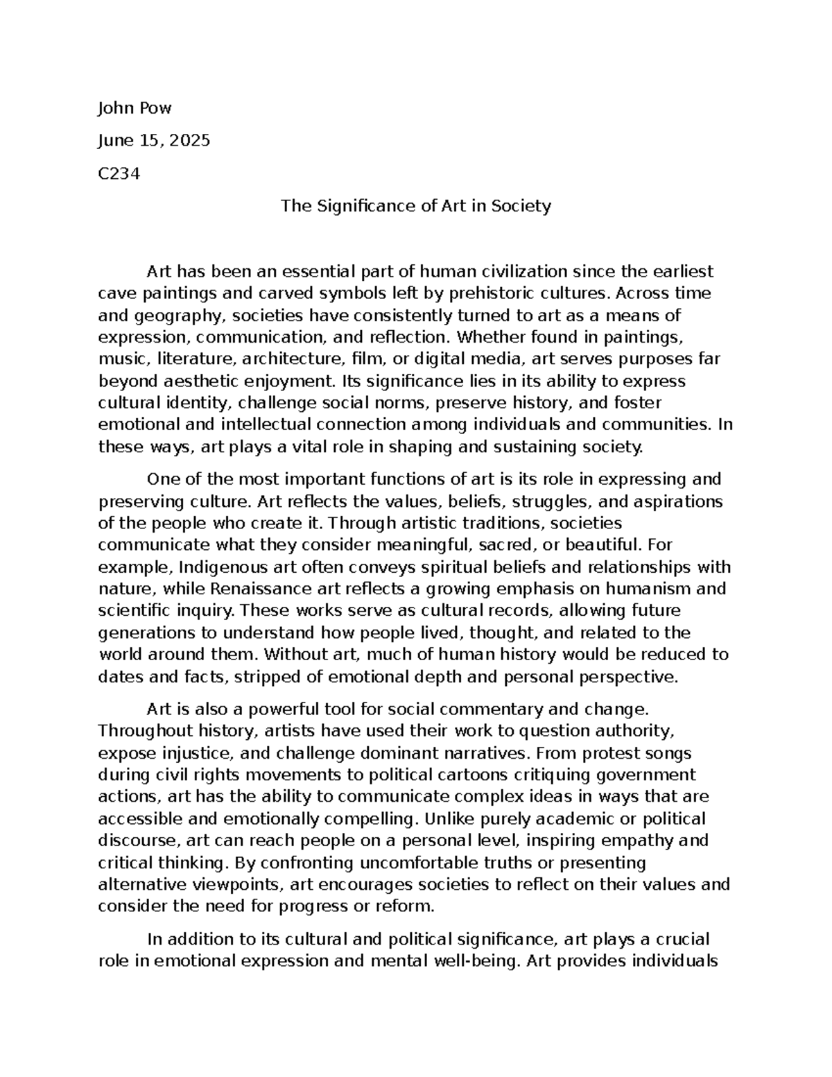 C234 Art Essay: The Vital Role of Art in Society - Studocu