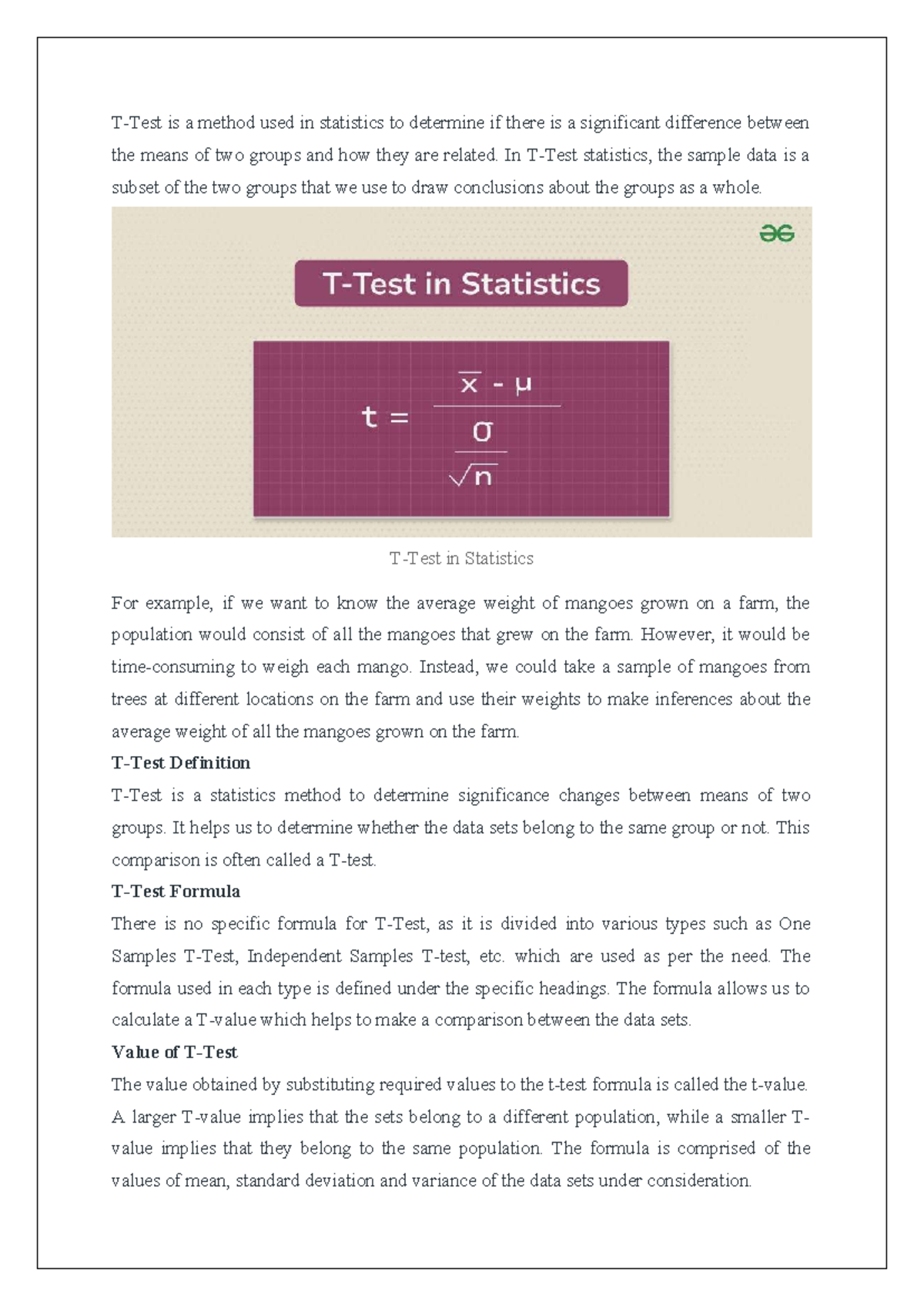Unit-4: T-Test Methodology for Comparing Means in Statistics - Studocu
