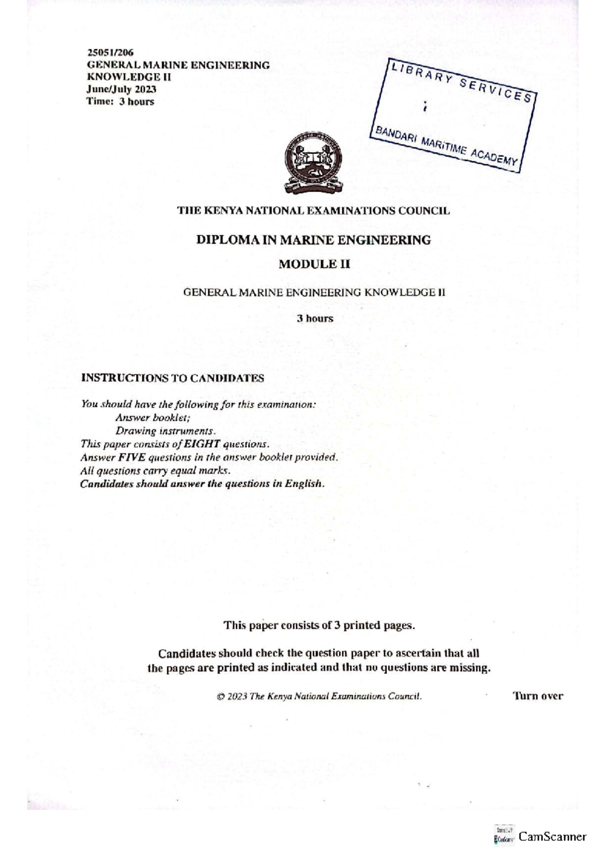 General Marine Engineering Knowledge II Exam - June-July 2023 - Studocu