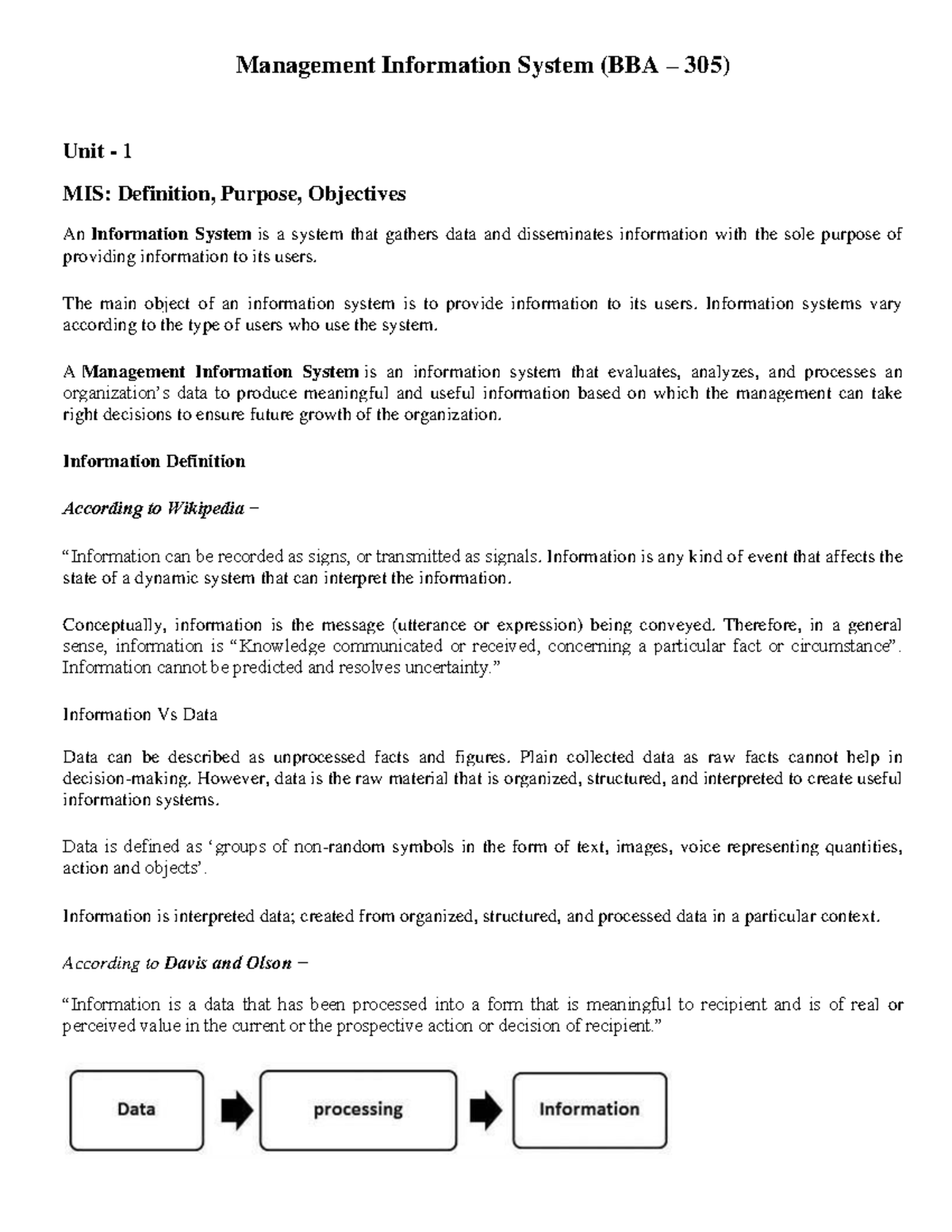 BBA-305 Management Information Systems: Unit Overview and Key Insights ...
