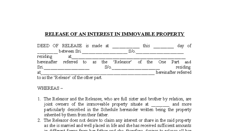 Release Deed of Immovable Property: Sibling Agreement - Studocu