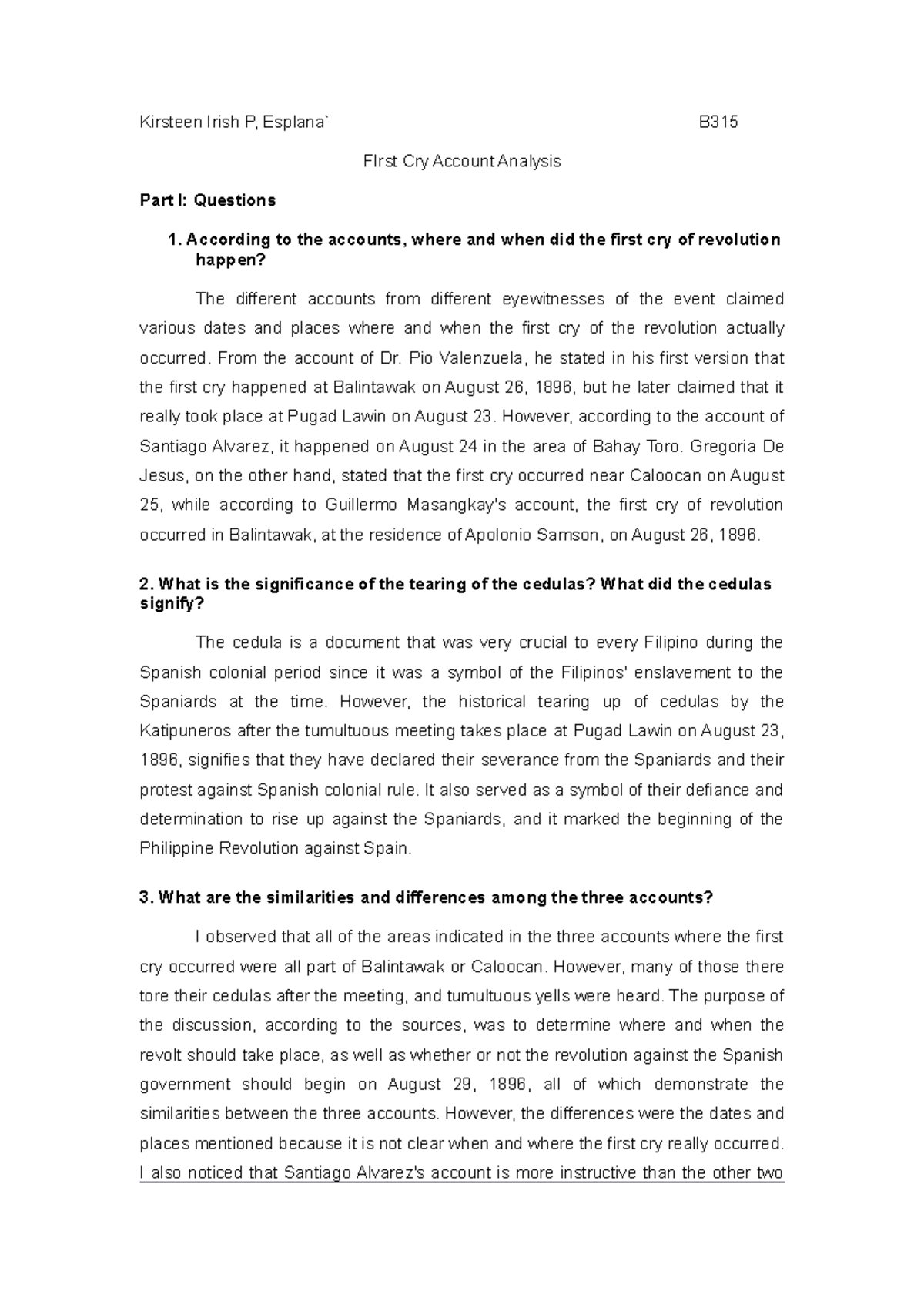 Analysis of the First Cry of the Revolution - RPH - Studocu