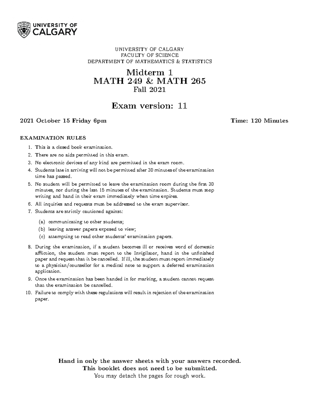 MATH 249 & MATH 265 Fall 2021 Midterm 1 Exam Version 11 - Studocu