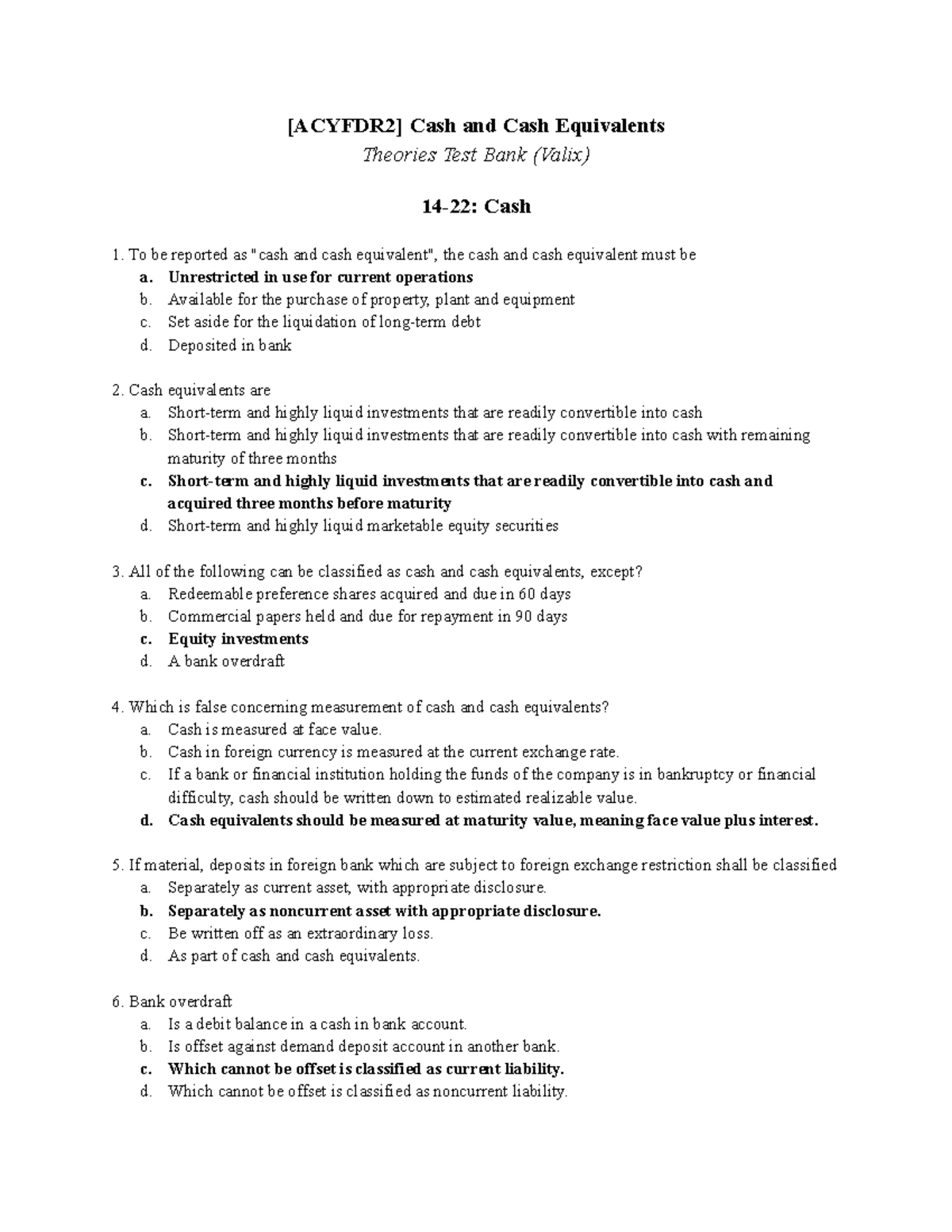 Cash and Cash Equivalents MCQ Test Bank (Valix) - Studocu