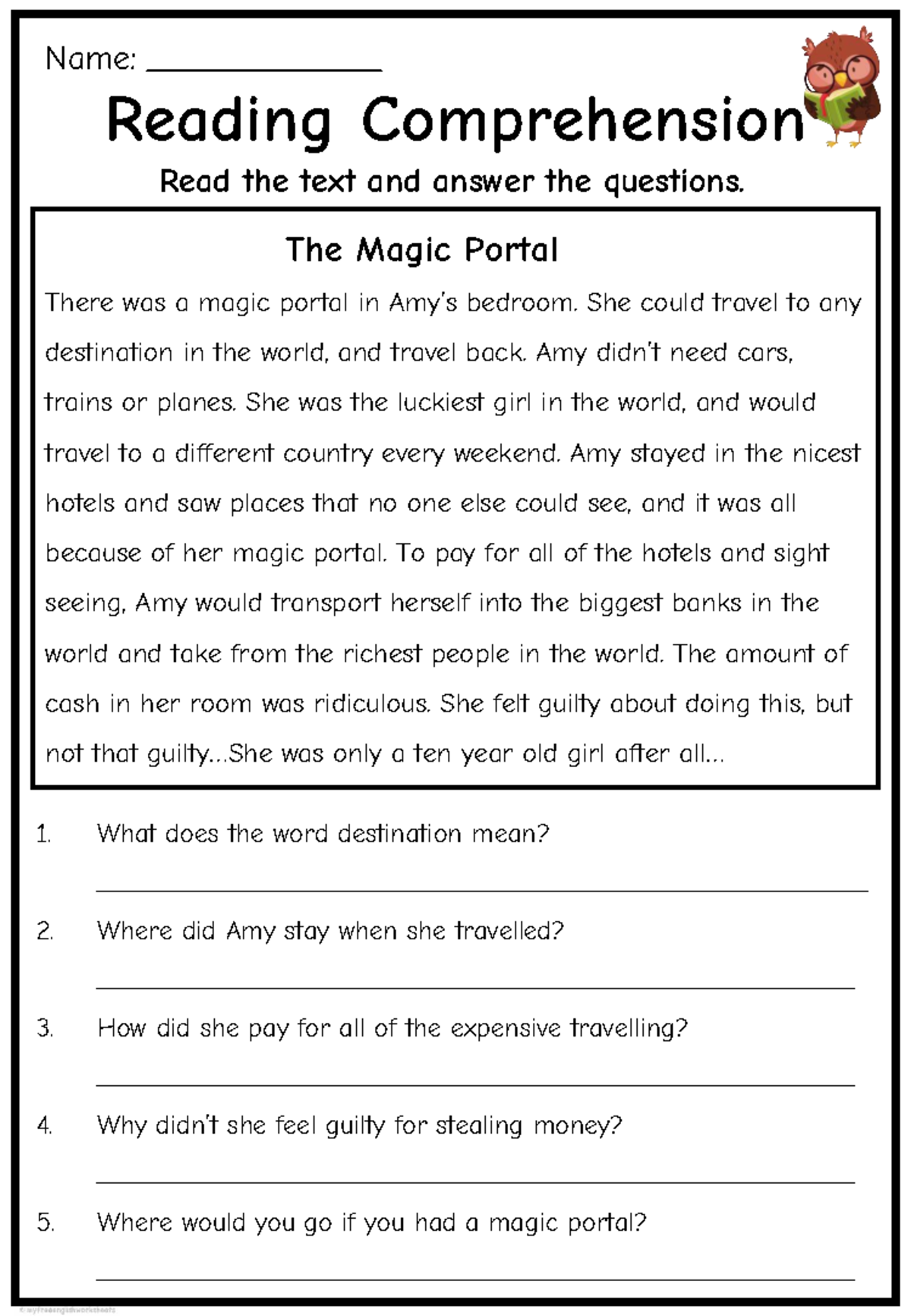 Reading Comprehension Grade 3: The Magic Portal Questions - Studocu
