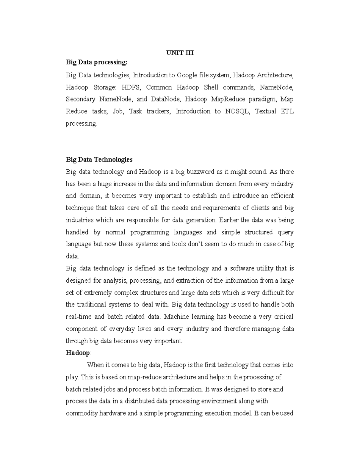 BDA-UNIT 3 - Big Data Analytics: Hadoop and MapReduce Notes - Studocu