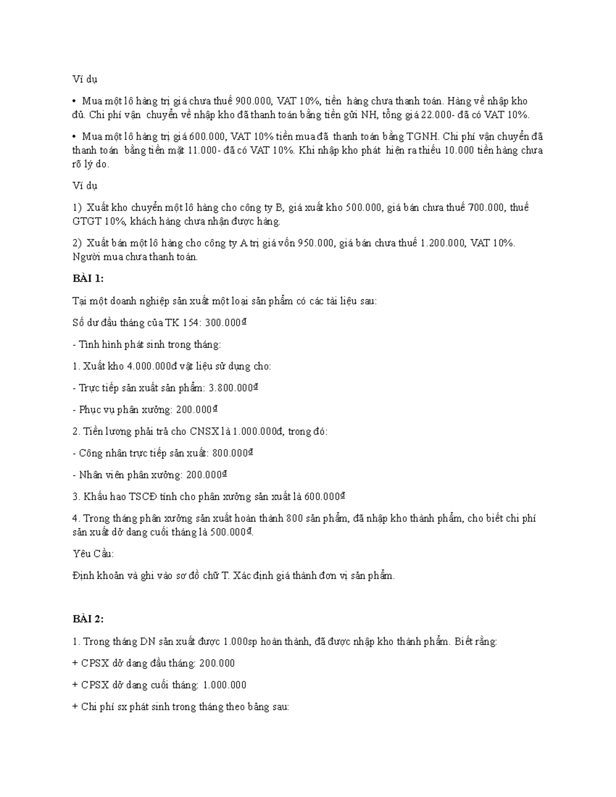 Tính Giá Thành Sản Phẩm - Bài Tập Thực Hành Kế Toán 154 - Studocu