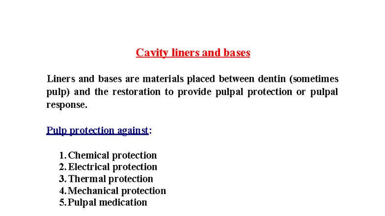 Cavity Liners and Bases: Pulp Protection Strategies in Dentistry - Studocu