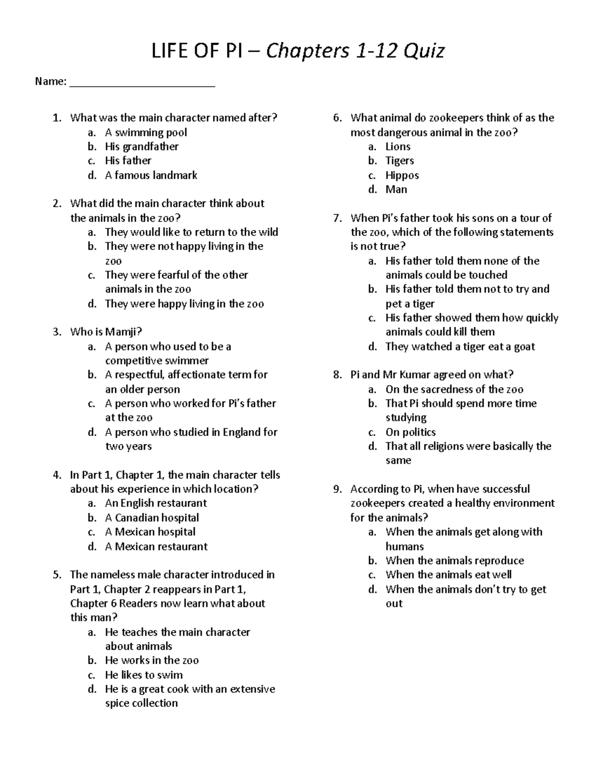Life of Pi Quiz: Chapters 1-46 with Answer Key (Summary) - Studocu