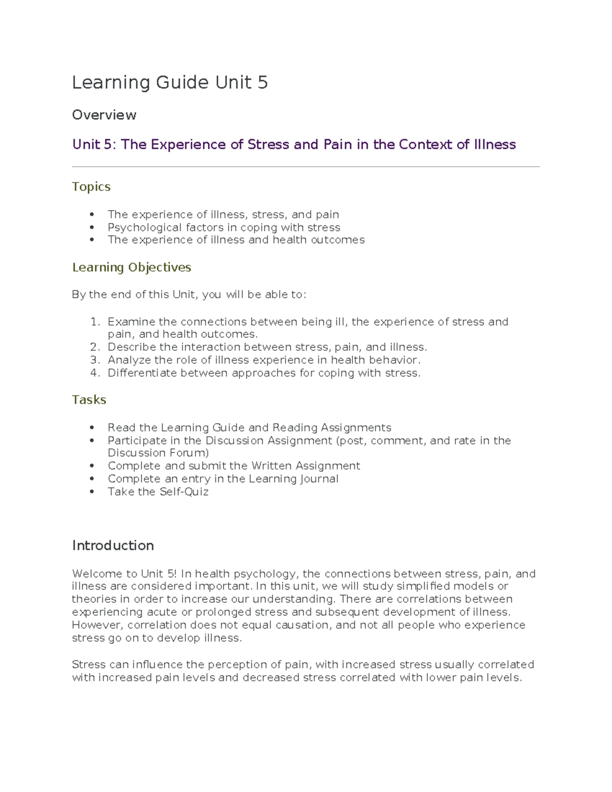 Learning Guide Unit 5: Stress, Pain, and Illness Experience Overview ...