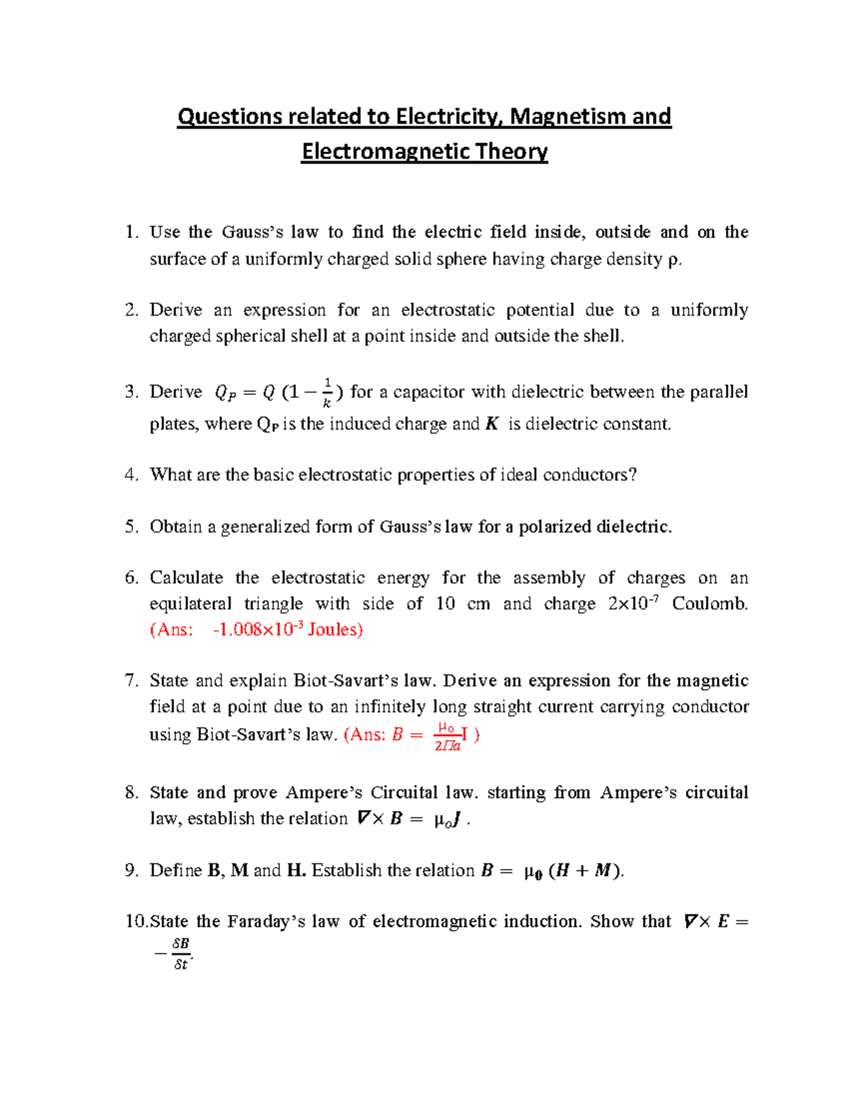 Questions Set - 2: Electricity, Magnetism & EMT Concepts - Studocu