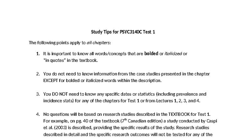 PSYC3140C Test 1 Study Tips for Fall 2025 - Studocu