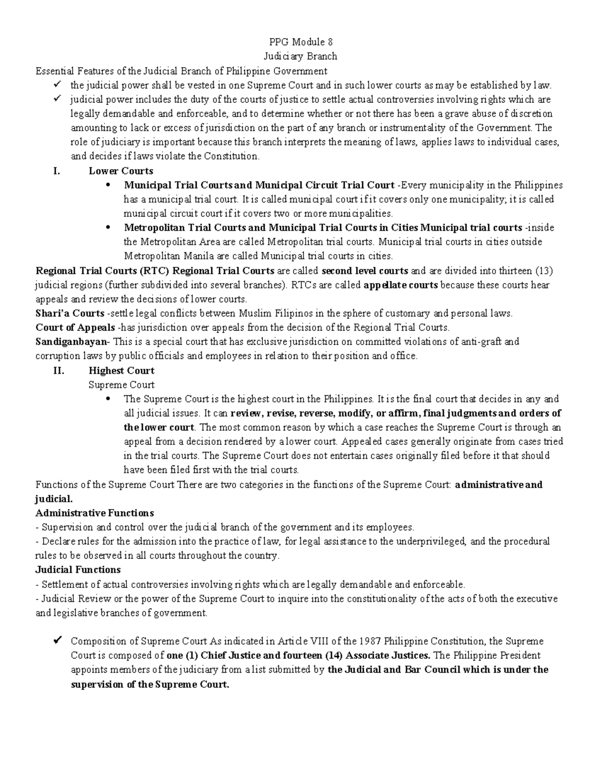 PPG-Module-8: Overview of the Philippine Judiciary Branch - Studocu