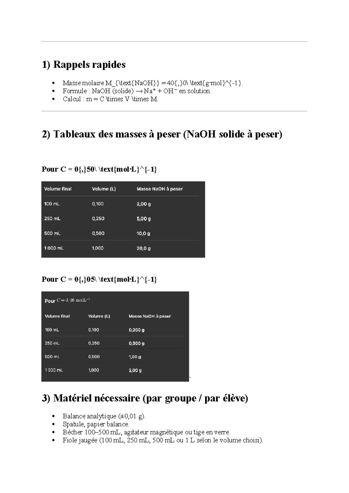 Protocole de Préparation de Solution NaOH - TP de Chimie - Studocu