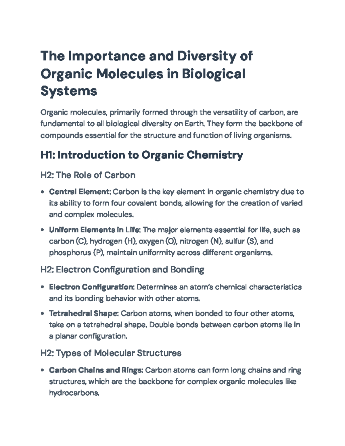 Organic Molecules in Biological Systems: Structure & Function (BIO 101 ...