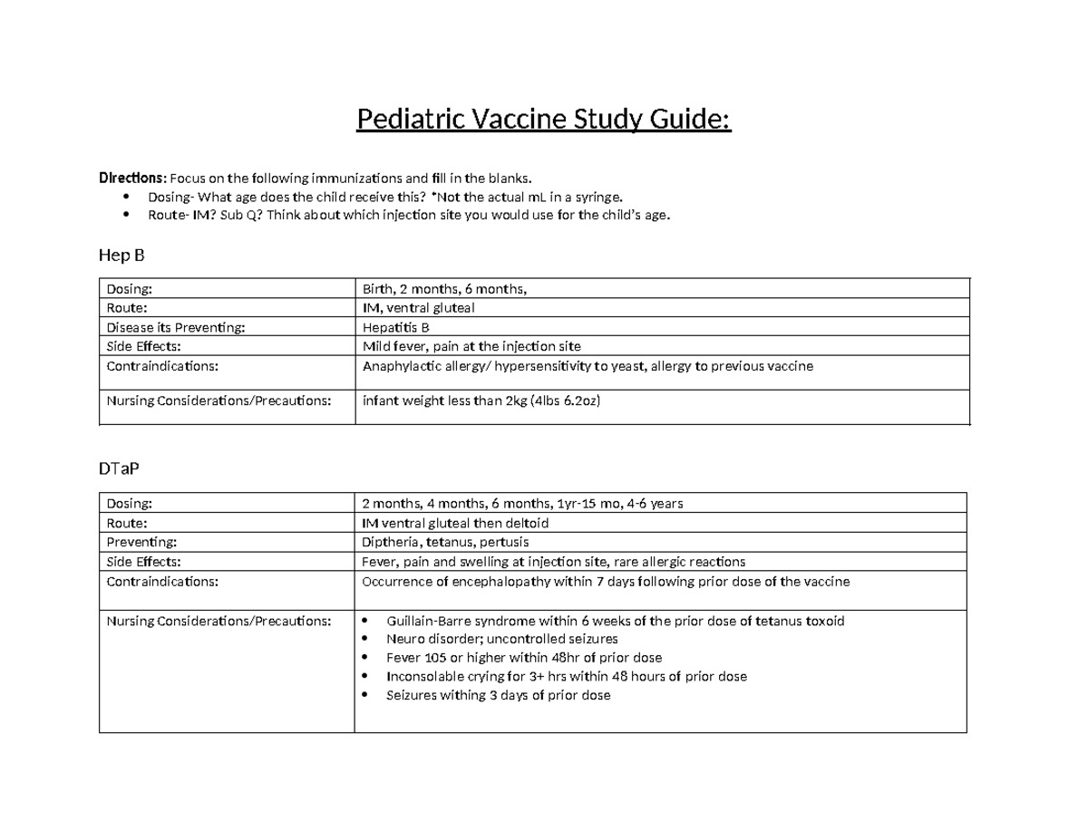 Pediatric Vaccine Study Guide - Pediatric Vaccine Study Guide ...
