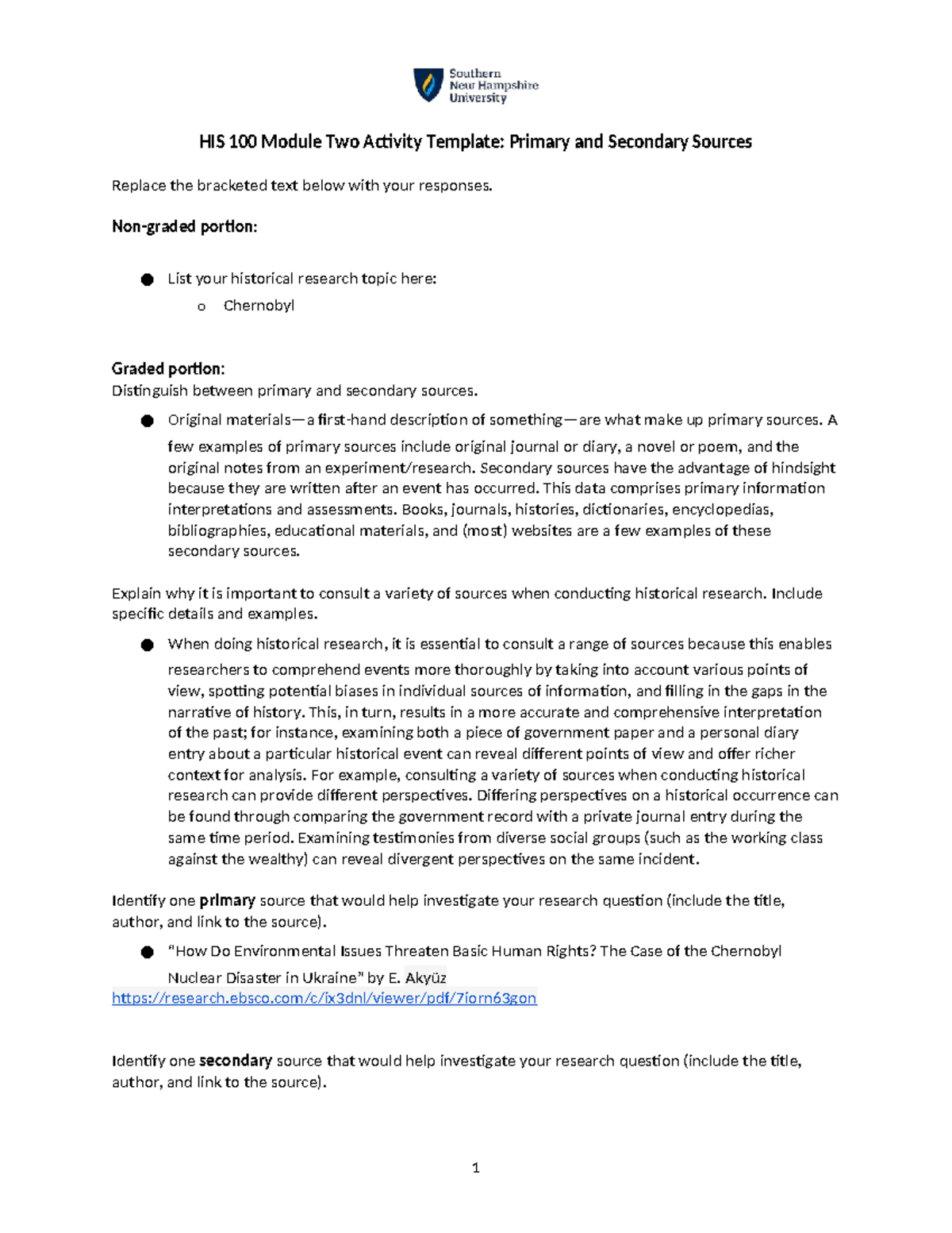 HIS 100 Module Two Activity: Analyzing Primary & Secondary Sources ...