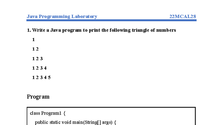 Java Programming Laboratory 22MCAL28 - Lab Manual and Exercises - Studocu