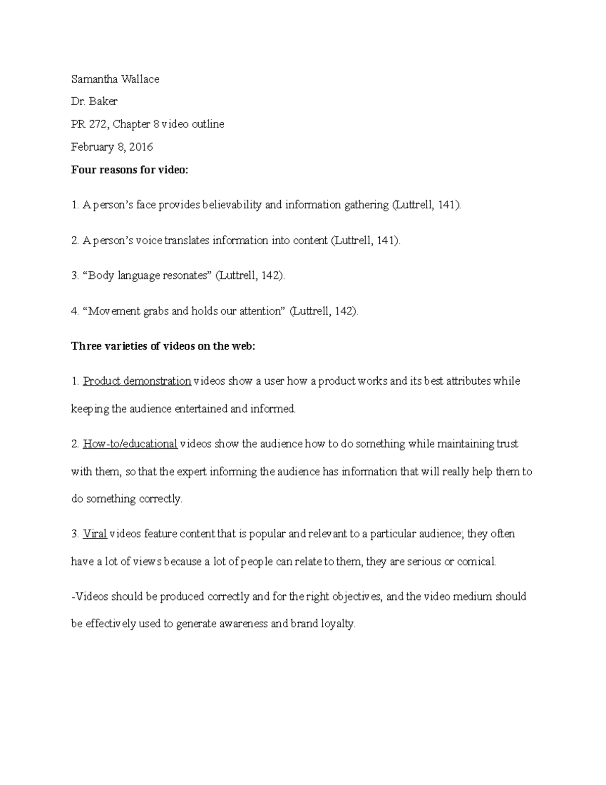 Chapter 8 outline luttrell - Samantha Wallace Dr. Baker PR 272, Chapter ...