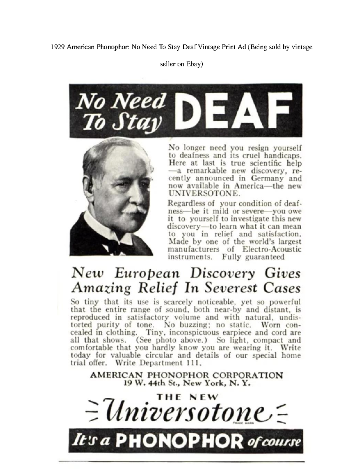 Deaf Print Adverstisement - 1929 American Phonophor: No Need To Stay ...