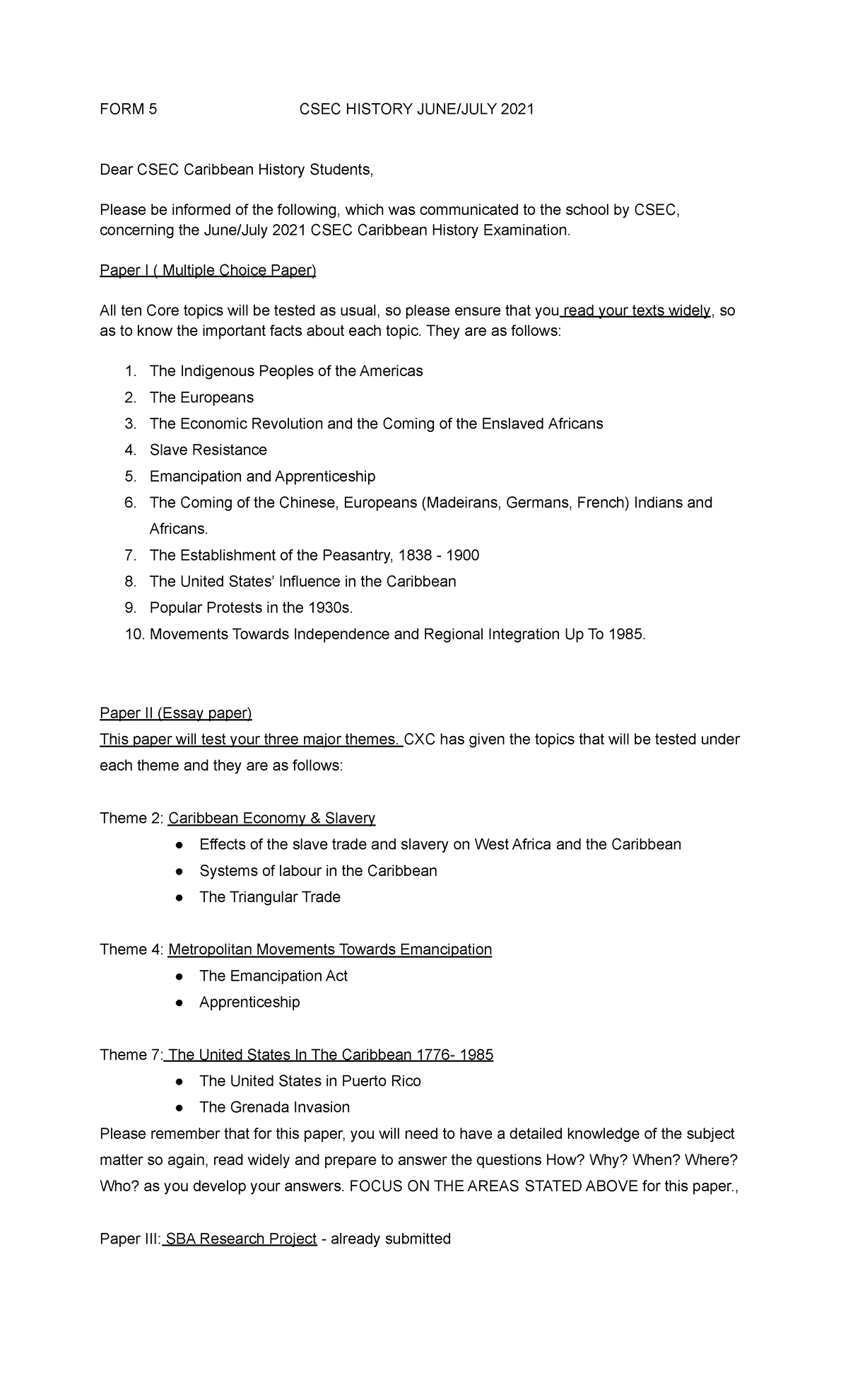 CXC Topics for CSEC Caribbean Has - FORM 5 CSEC HISTORY JUNE/JULY 2021 ...