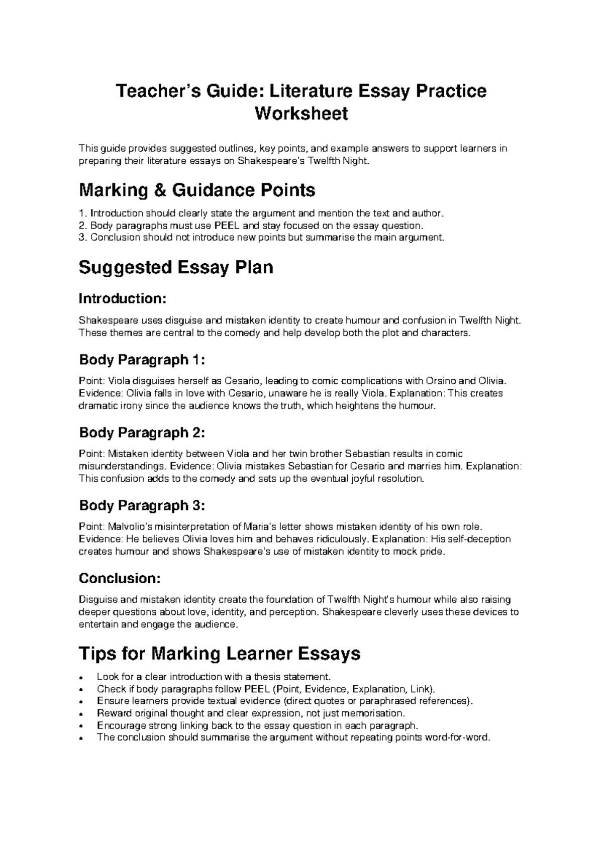 Literature Essay Guide: Twelfth Night Analysis & Tips - Studocu