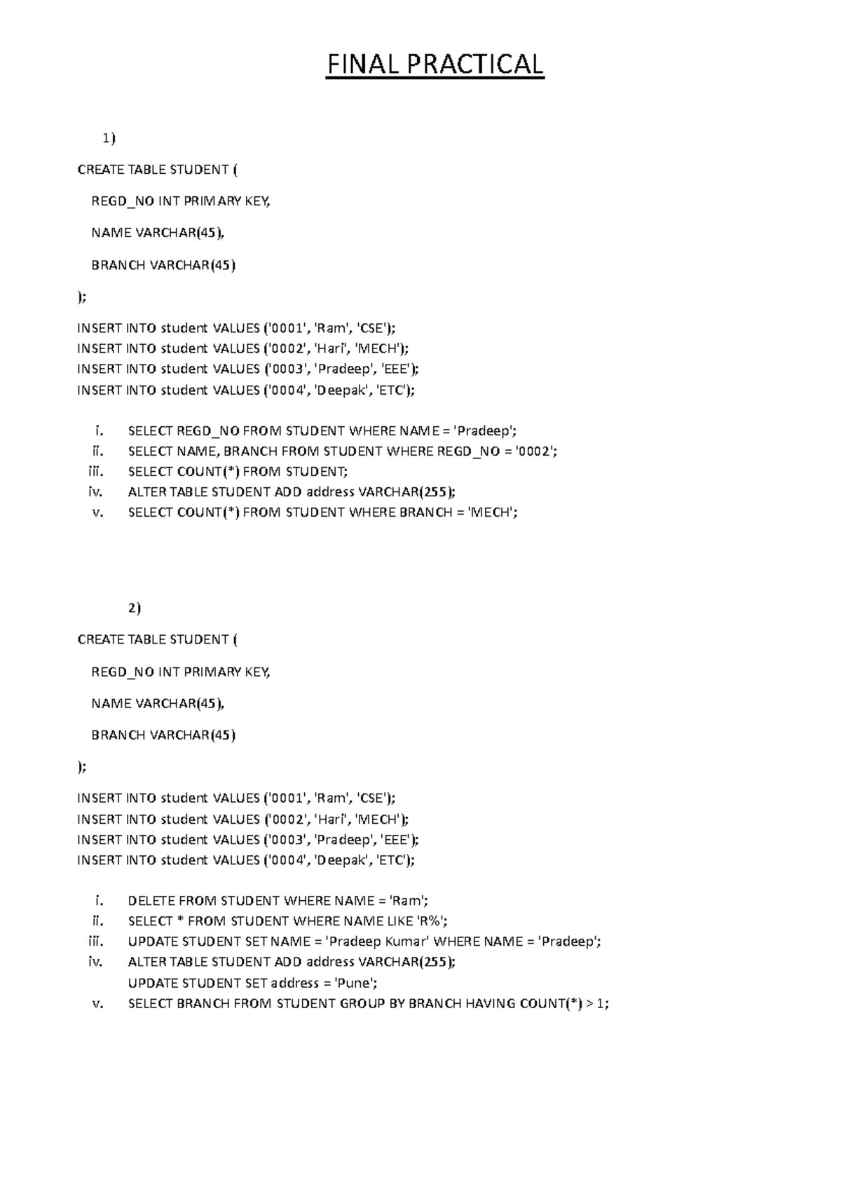 DBMS Final Practical Exercise with SQL Commands and Queries - Studocu