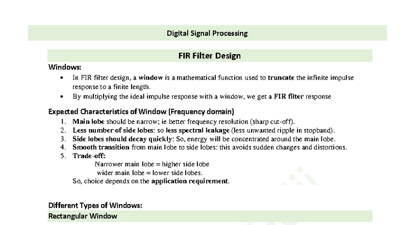 FIR Filter Design Windows: Characteristics & Types in DSP (ECE) - Studocu
