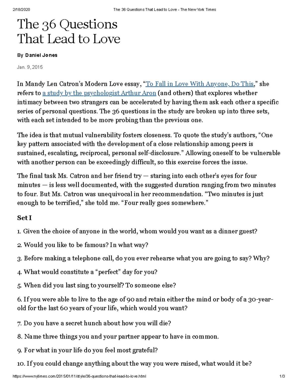 The 36 Questions That Lead to Love: Insights from NYT Essay - Studocu