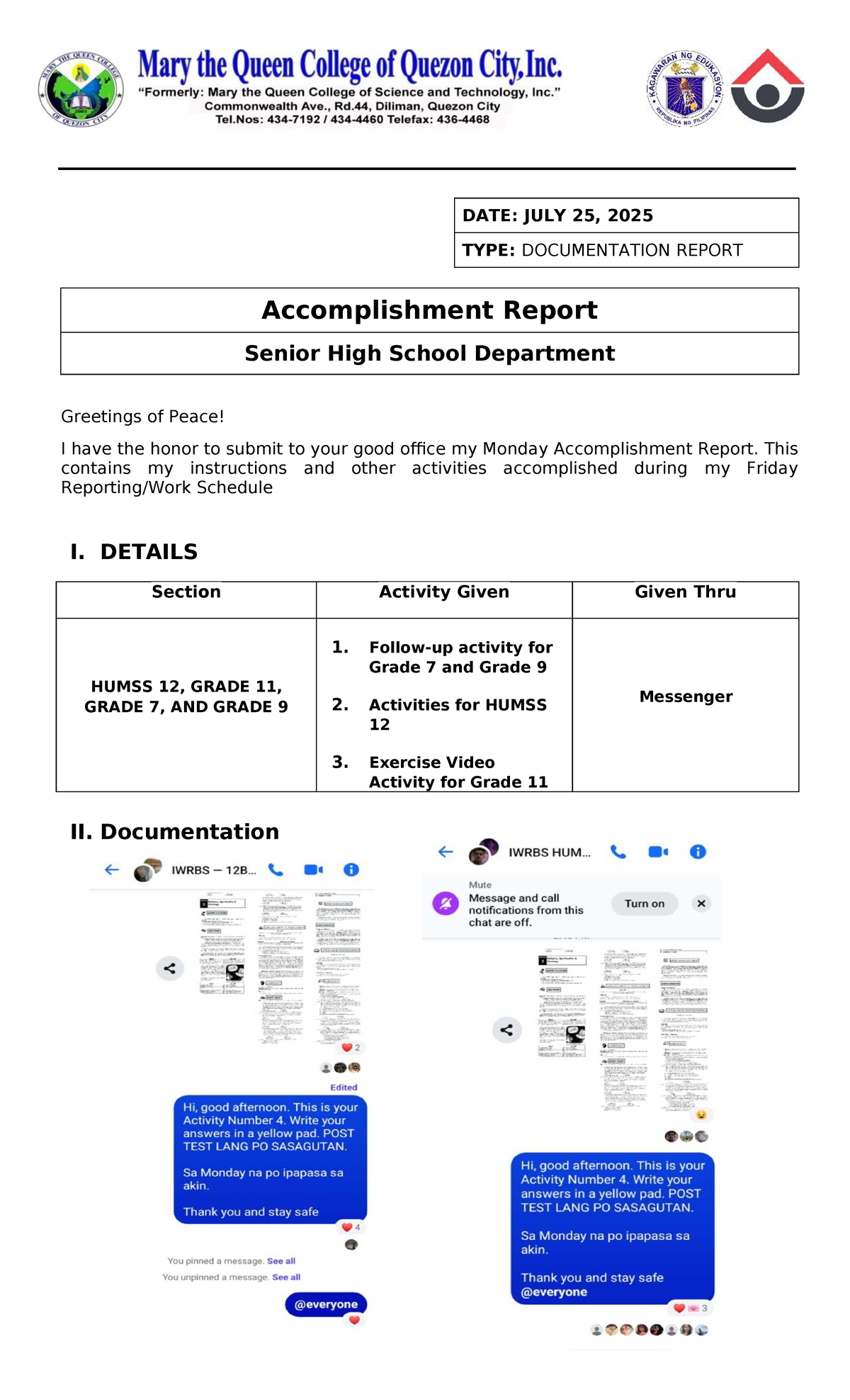 Accomplishment Report for Senior High School - July 25, 2025 - Studocu