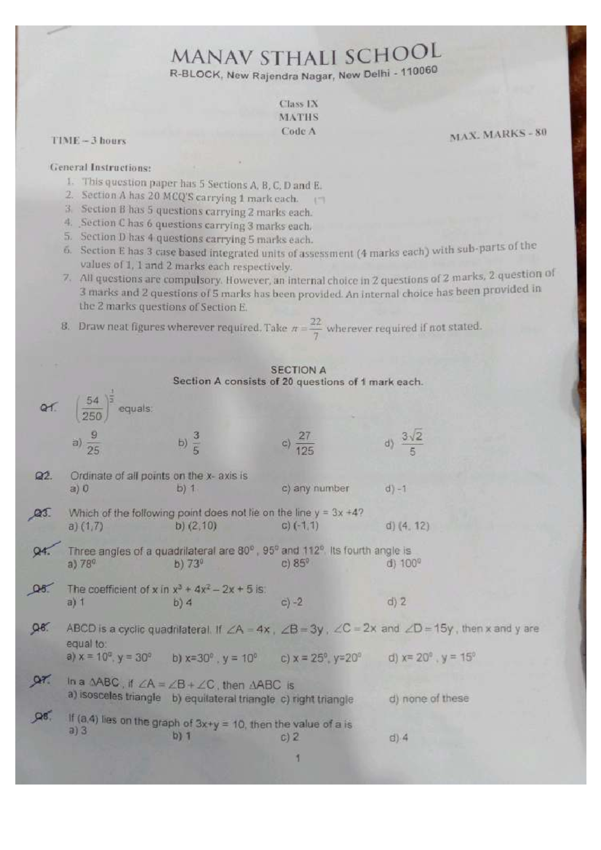 Class IX Maths Final Exam Paper - Code A (3 Hours, Max 80 Marks) - Studocu