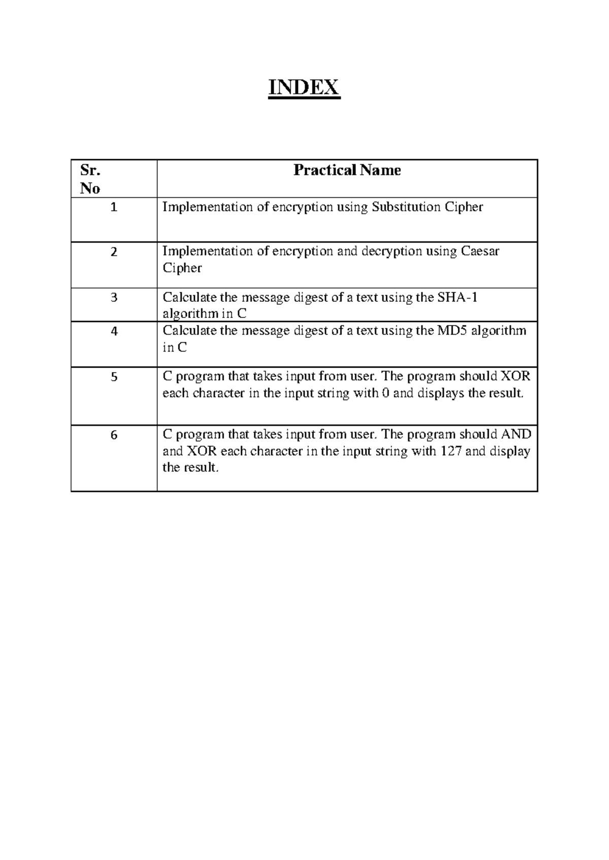 Cns lab - Cryptography and network security lab - INDEX Sr. No Practical Name 1 Implementation ...