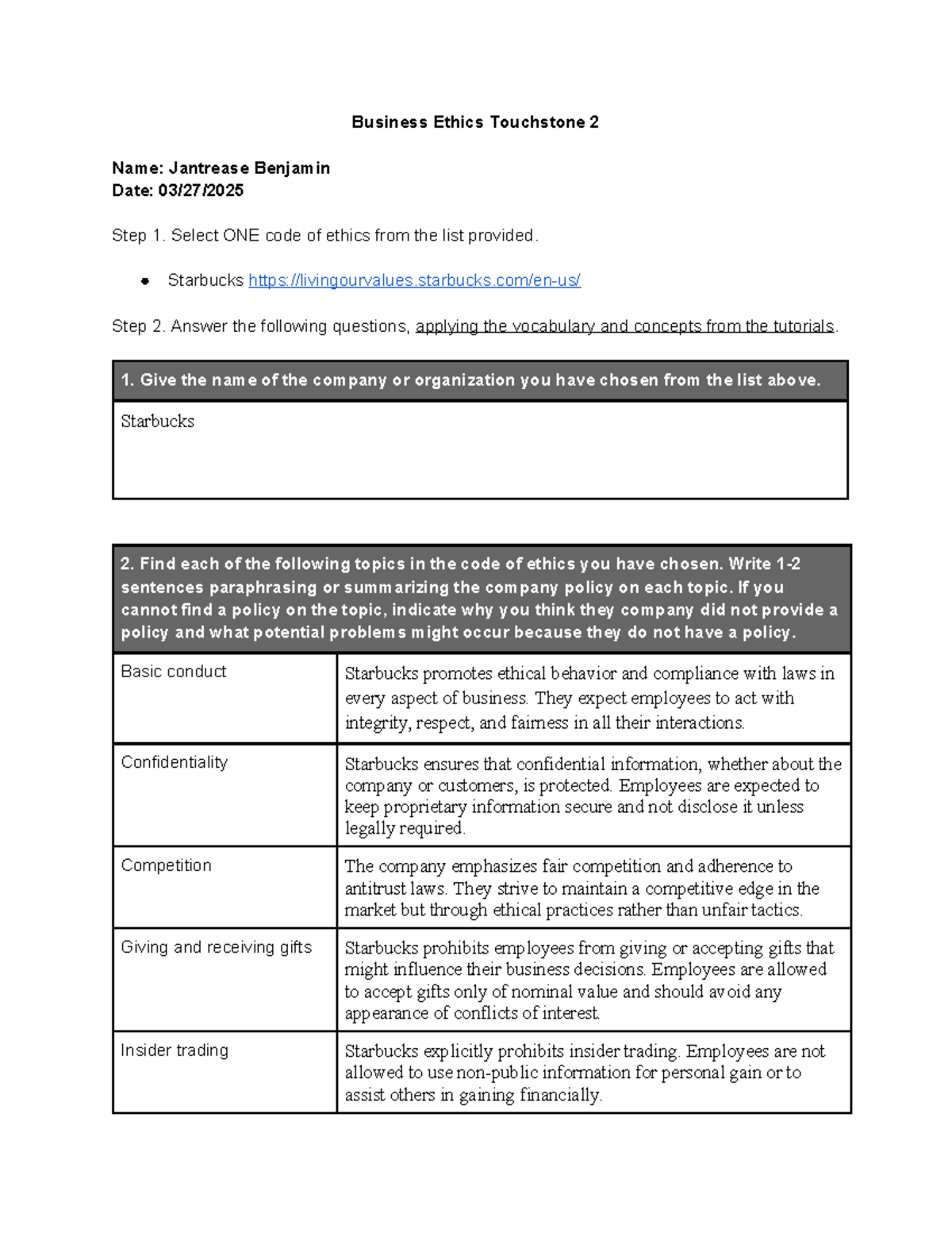 Business Ethics Touchstone 2: Analyzing Starbucks' Code of Ethics - Studocu