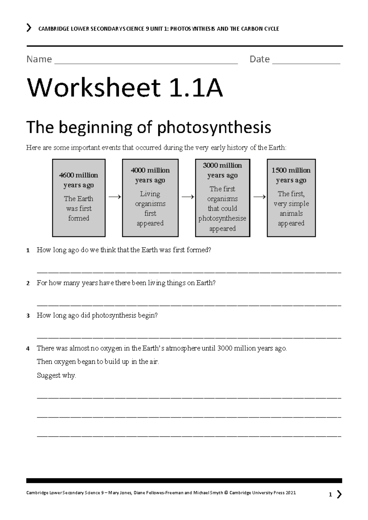 CAMBRIDGE LOWER SECONDARY SCIENCE 9 UNIT 1: PHOTOSYNTHESIS & CARBON ...
