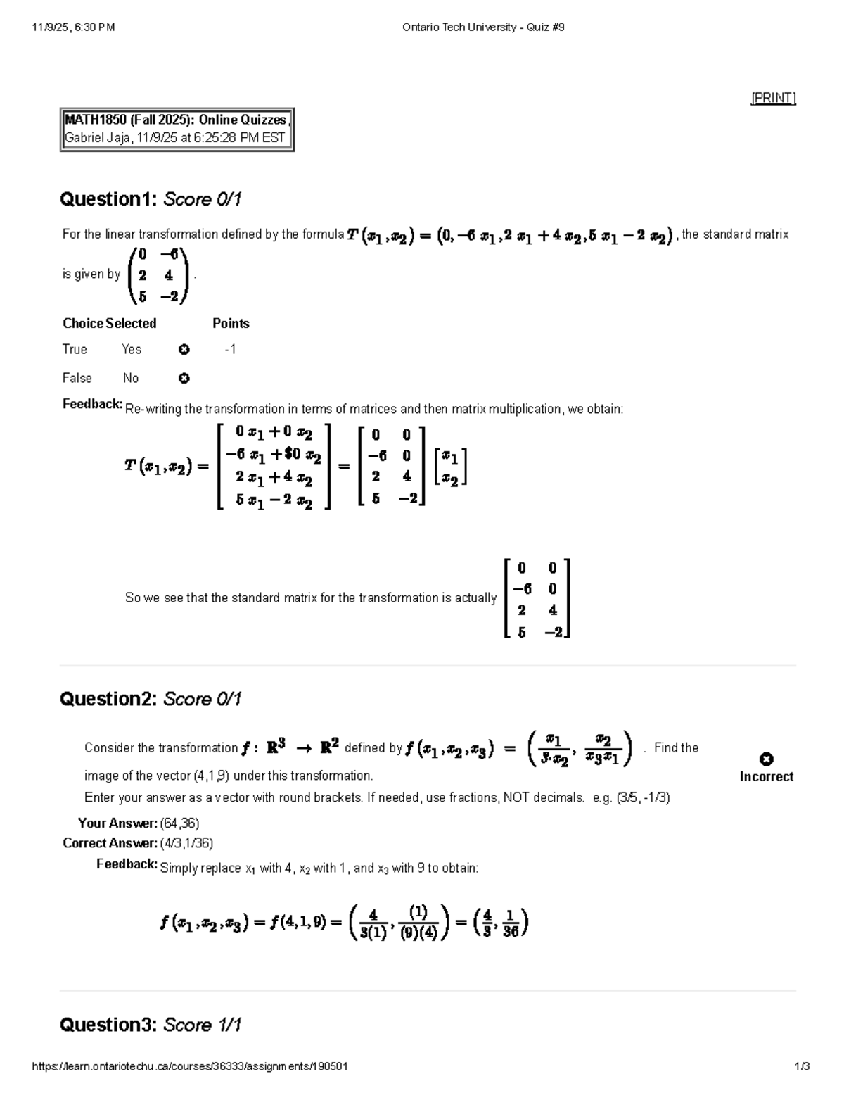 MATH1850 Quiz: Linear Transformations & Standard Matrices (Fall 2025 ...