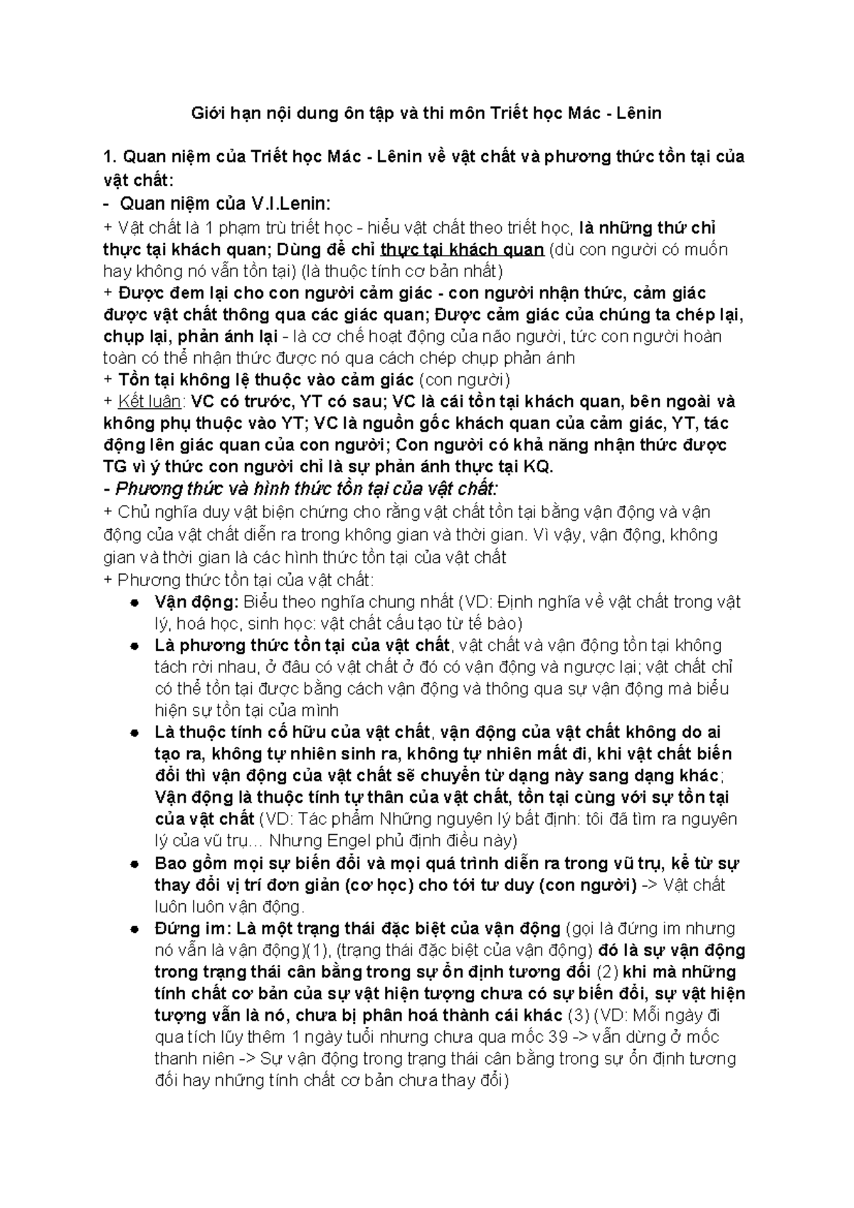 Đề cương ôn tập Triết học Mác Lênin 1 - Môn Triết học Mác Lênin 1 - Studocu