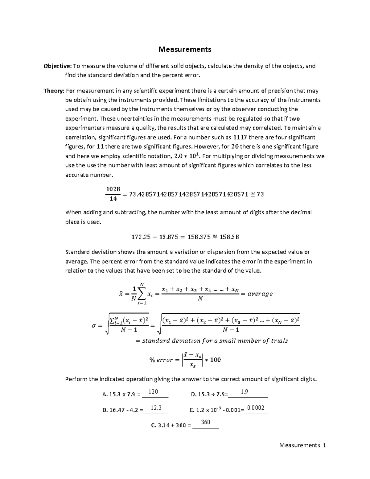 Physics Lab Report 1- Measurements - Measurements Objective: To measure ...