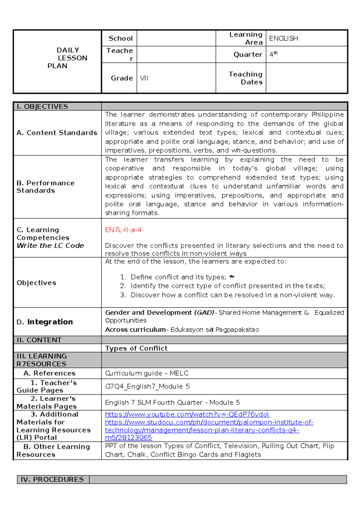 Grade 7 English Q4 - Types of Conflict Lesson Plan - Studocu