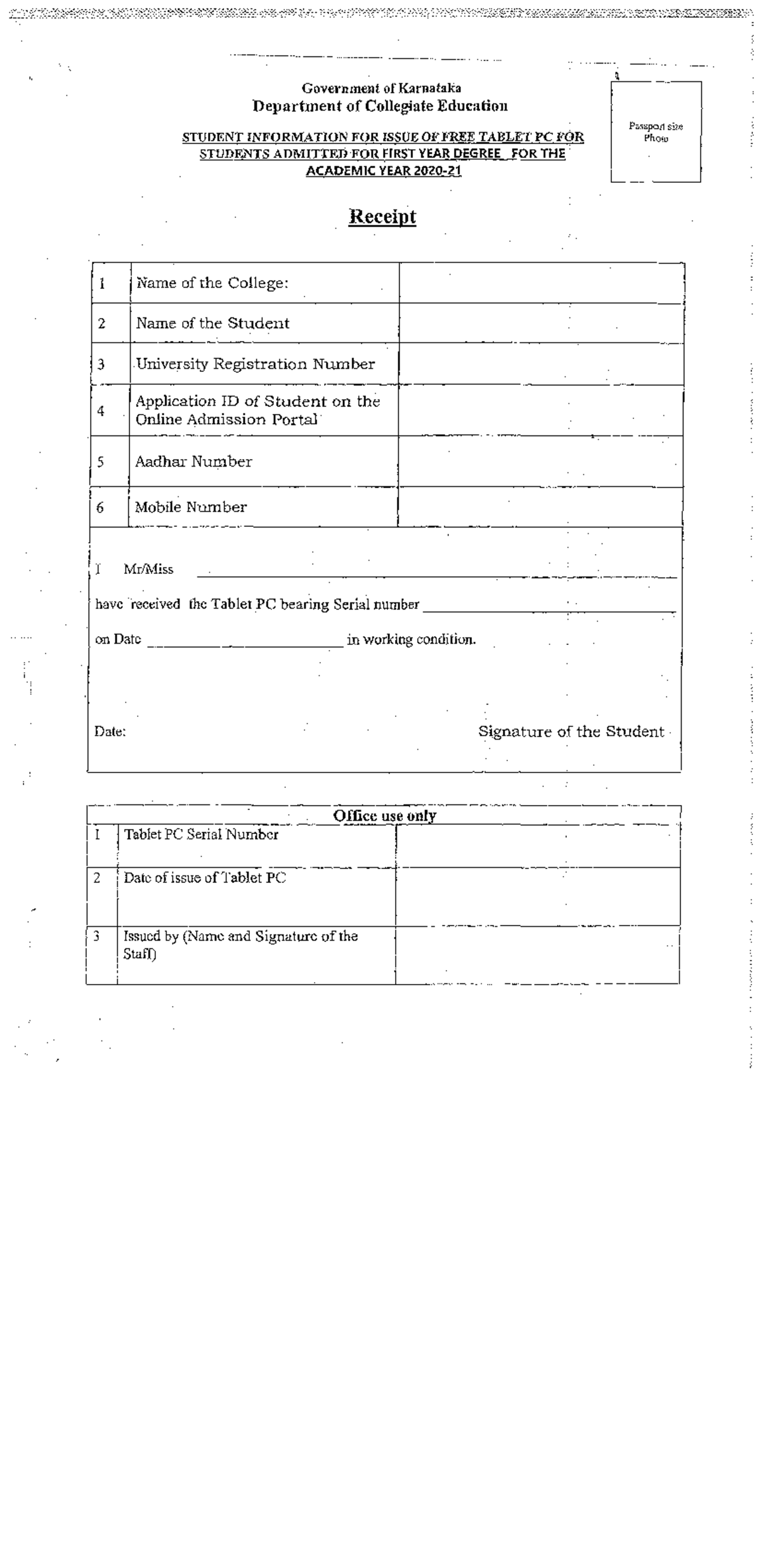 Karnataka DCE Free Tablet PC Issuance Form for 1st Year Students - Studocu