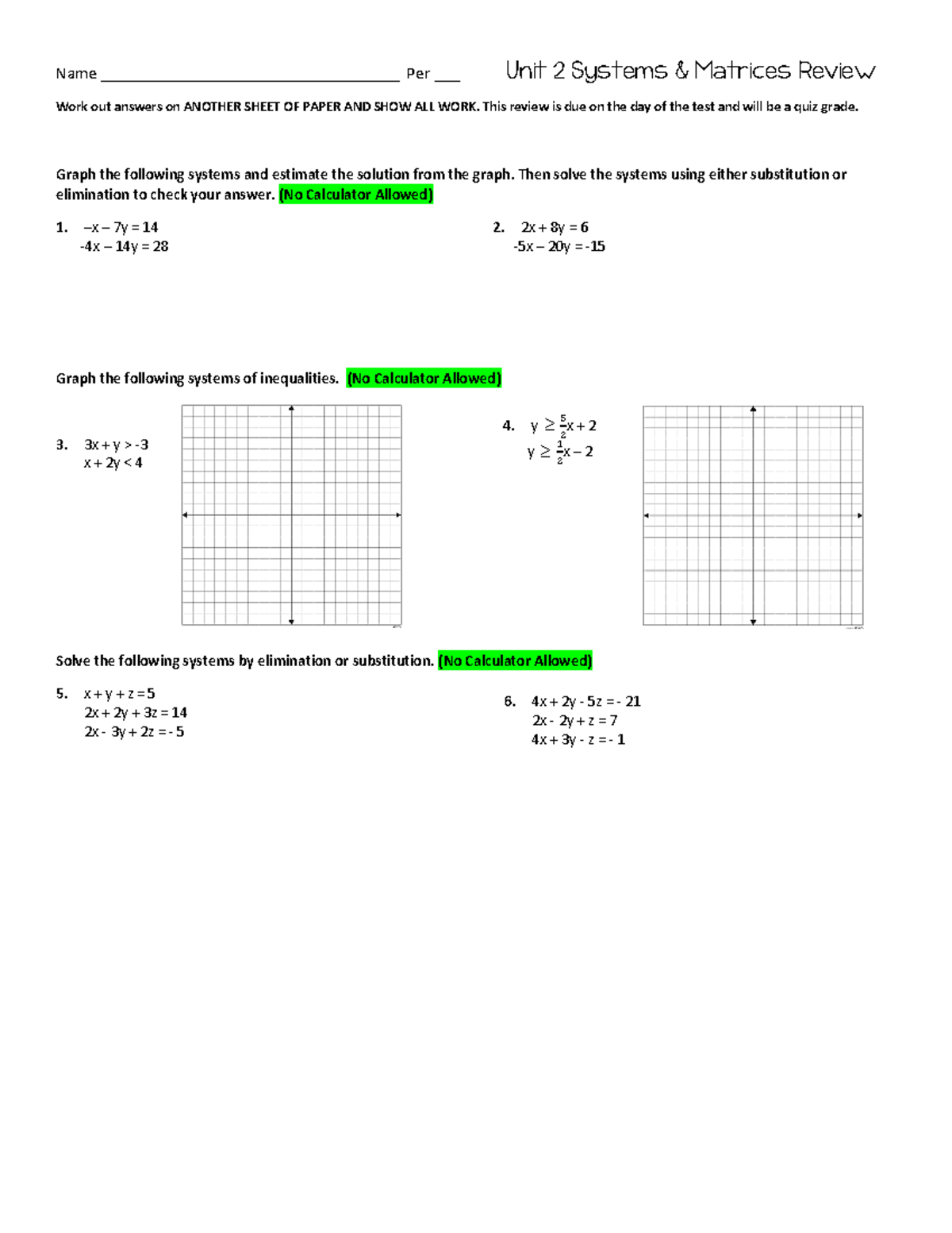 Unit 2 Systems & Matrices Quiz Review and Solutions - Studocu