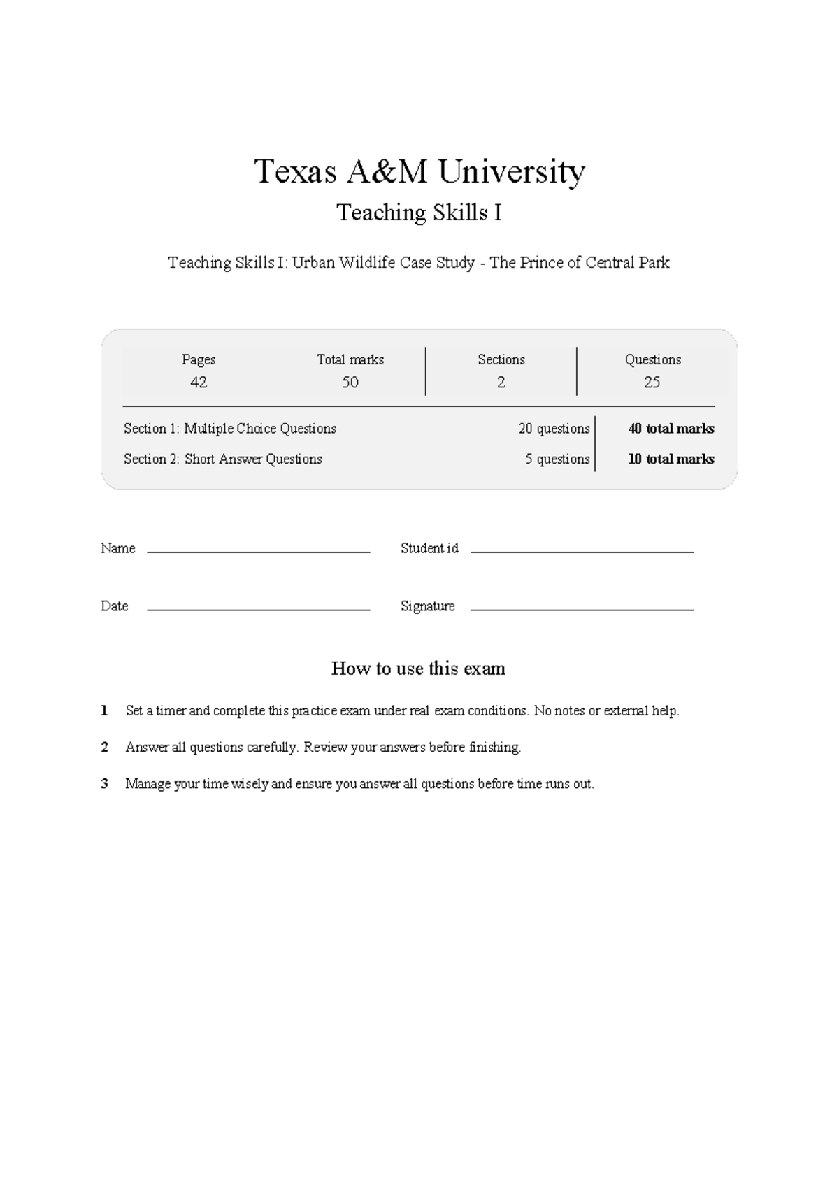 TEFB 323 Teaching Skills I: Urban Wildlife Case Study Practice Test ...