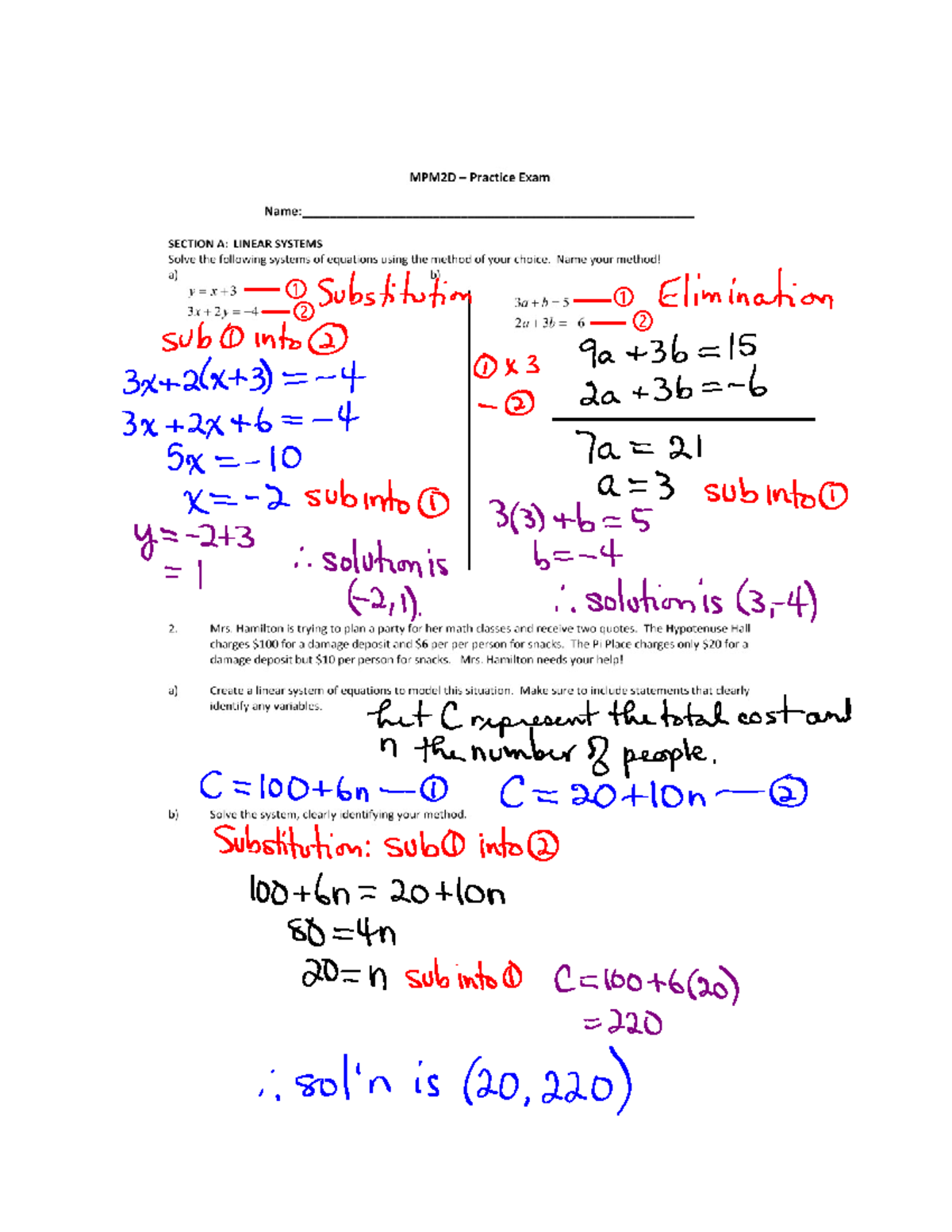 MPM2D Practice Exam Solutions: Linear Systems & Quadratic Functions ...