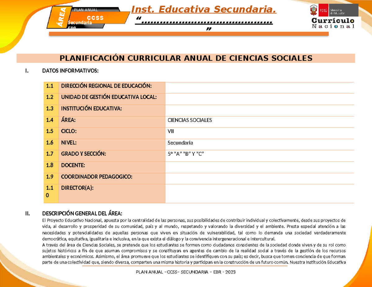 PLAN ANUAL CCSS 5° Secundaria EBR 2023 - Programación de Ciencias Sociales - Studocu
