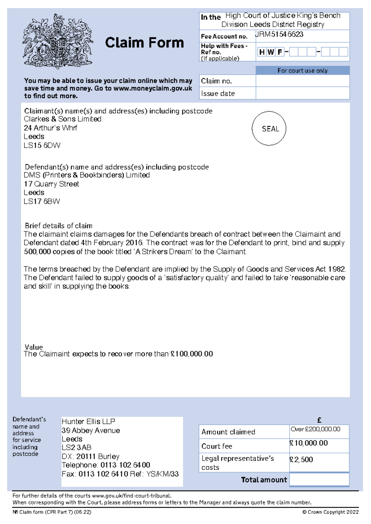 N1 Claim Form Prep for Breach of Contract (CPR Part 7) 2022 - Studocu