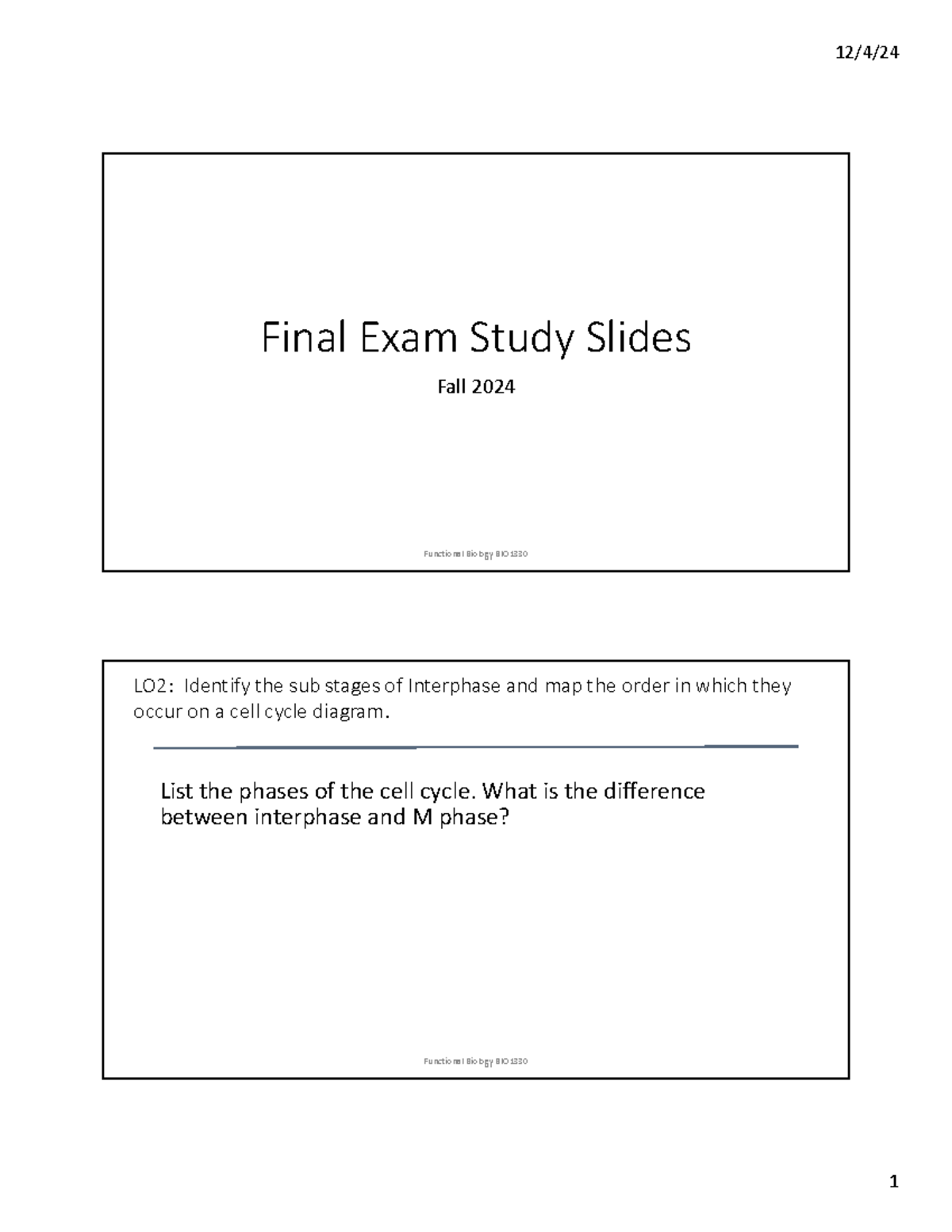 BIO1330 Final Exam Review fall2024 - Final Exam Study Slides Fall 2024 ...