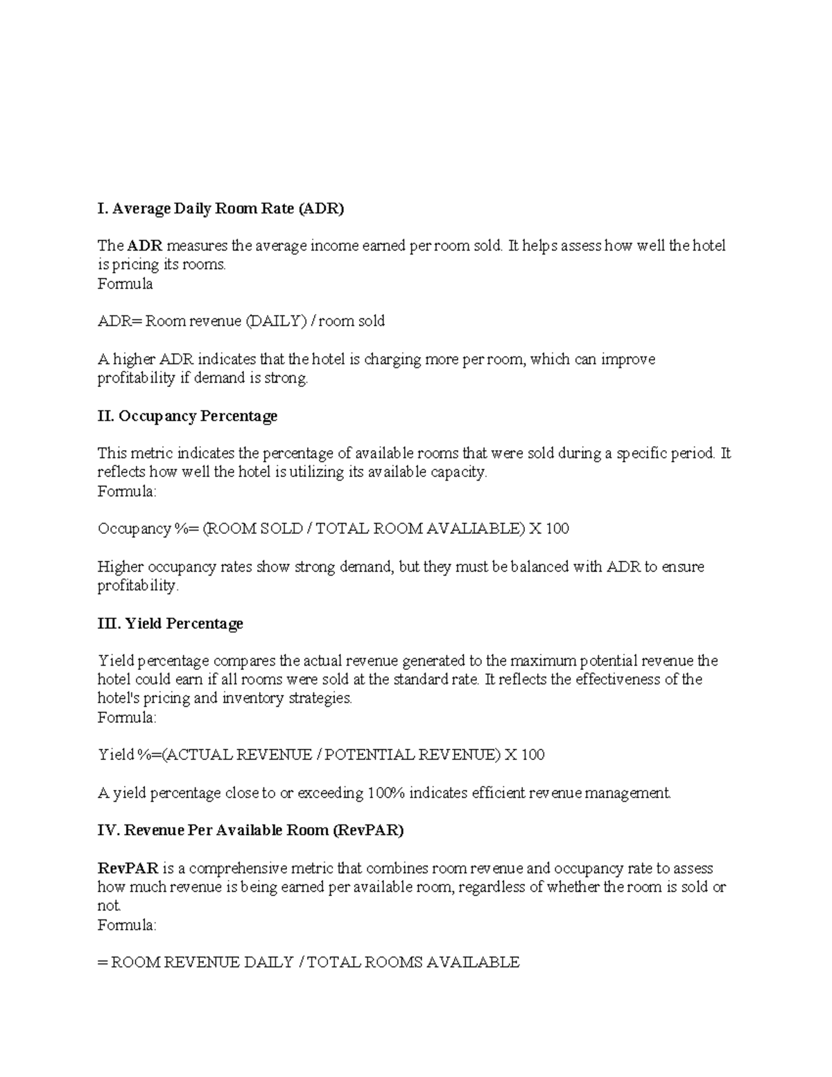 Assignment - Notes on Hotel Revenue Metrics and Strategies - Studocu