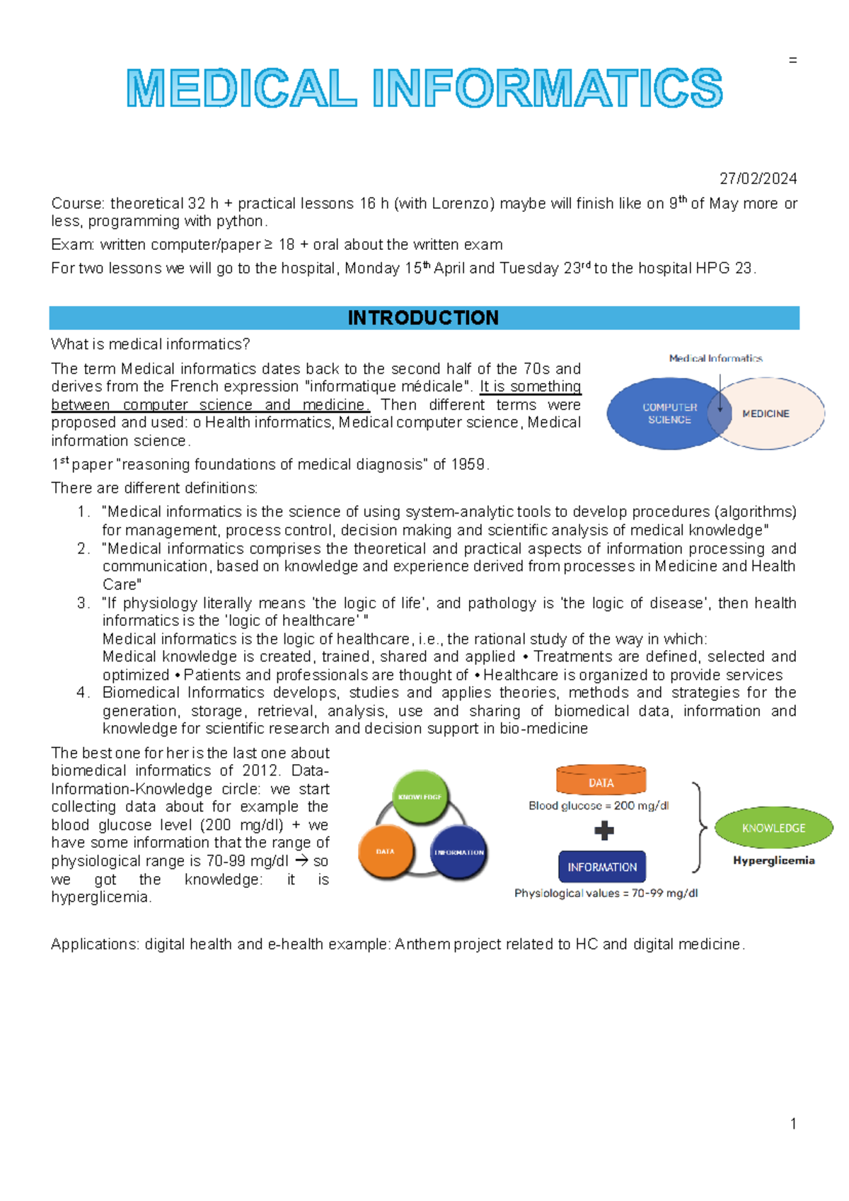 Medical Informatics - Final Exam Notes and Topics (Course Code: MI101 ...