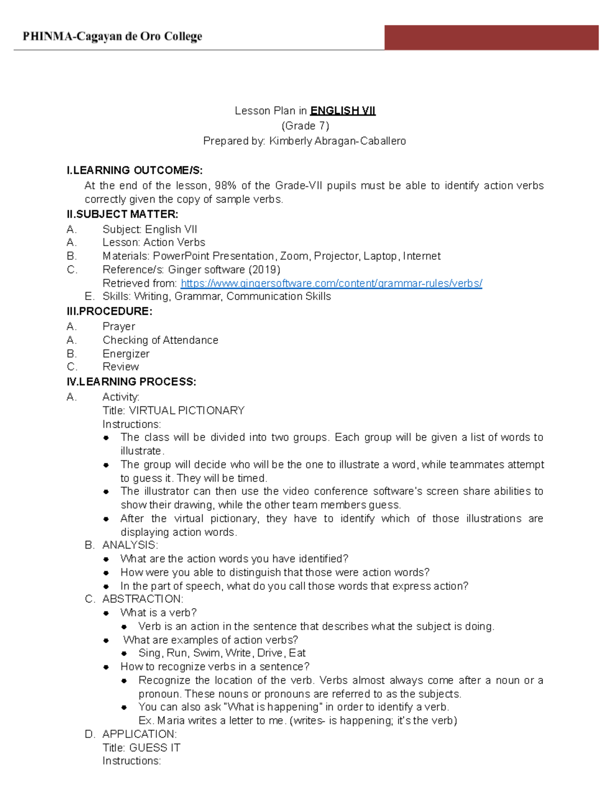 ENGLISH VII Lesson Plan: Identifying Action Verbs Activities - Studocu